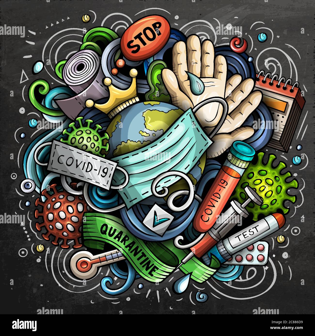 Cartoon vector doodles quarantine illustration. Bright colors epidemic ...
