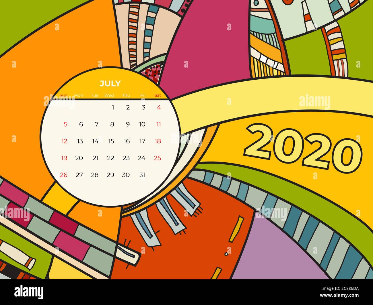 2020 July calendar abstract contemporary art vector. Desk, screen ...