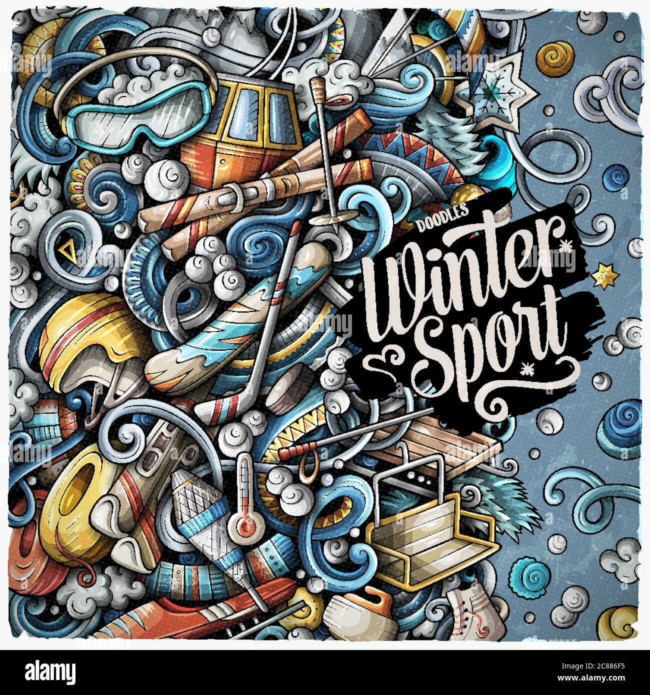 Winter sports hand drawn vector doodles illustration. Ski resort card ...