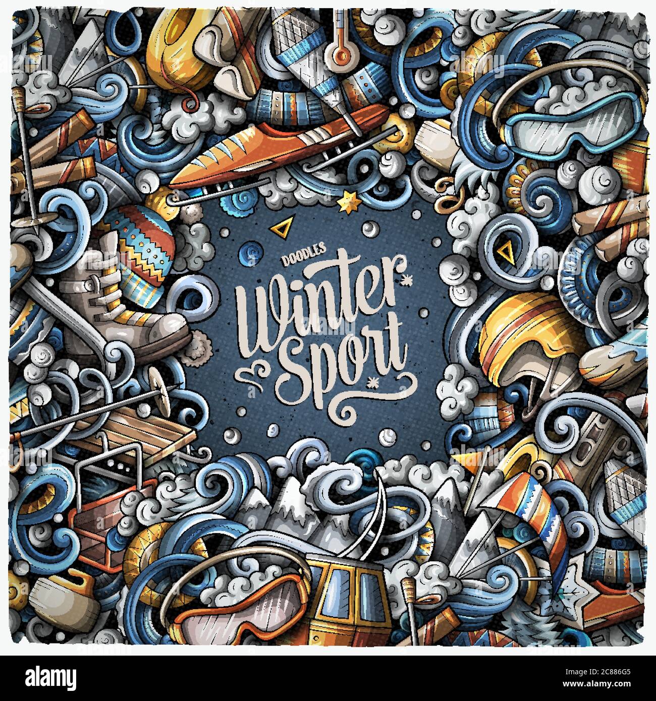 Winter sports hand drawn vector doodles illustration. Ski resort card ...