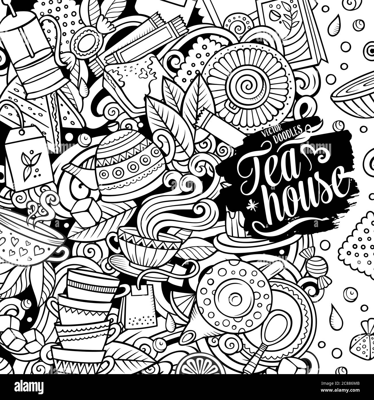 Cartoon vector doodles Tea time frame. detailed, with lots of objects ...