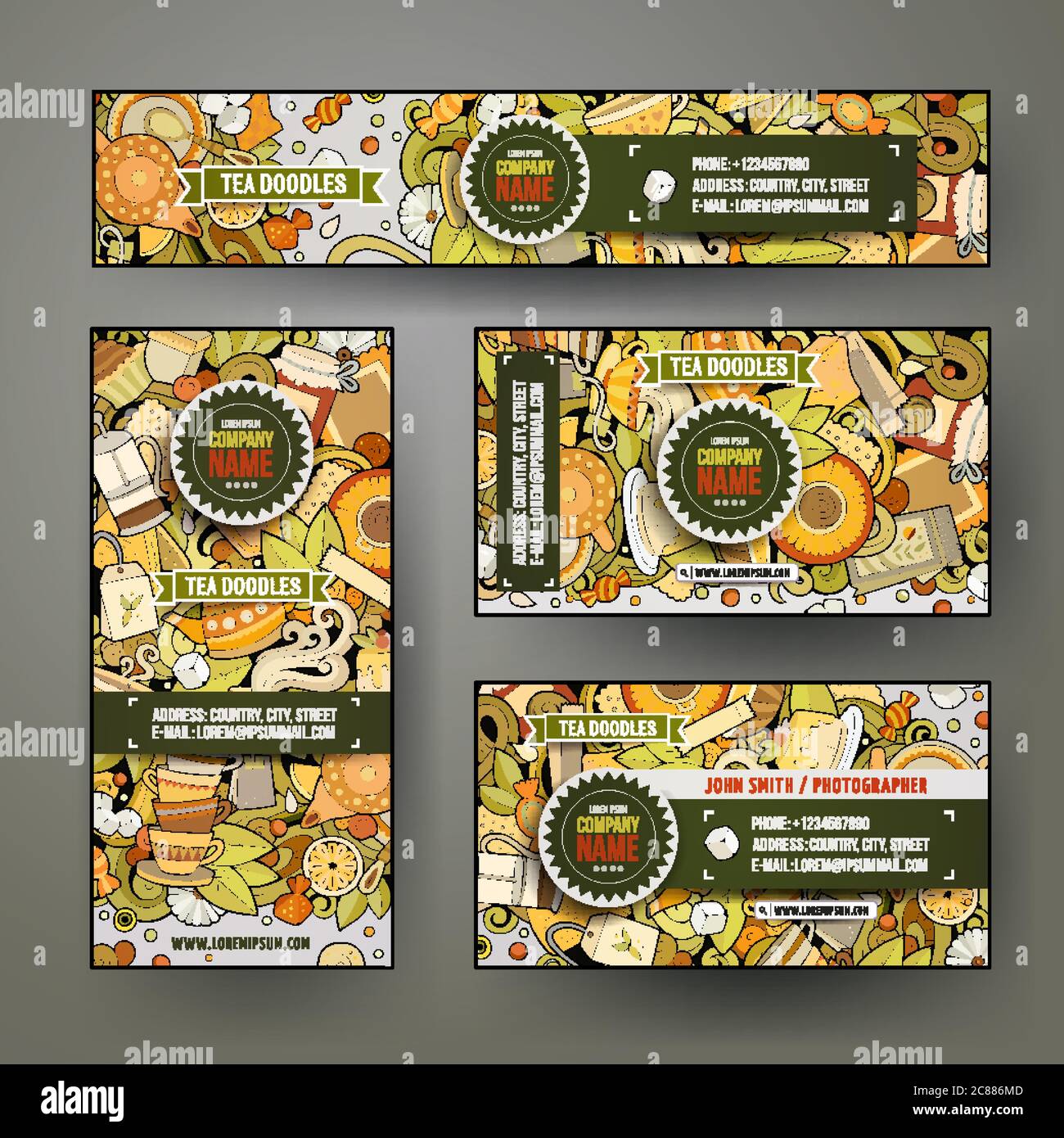 Corporate Identity vector templates set with doodles Tea time theme ...