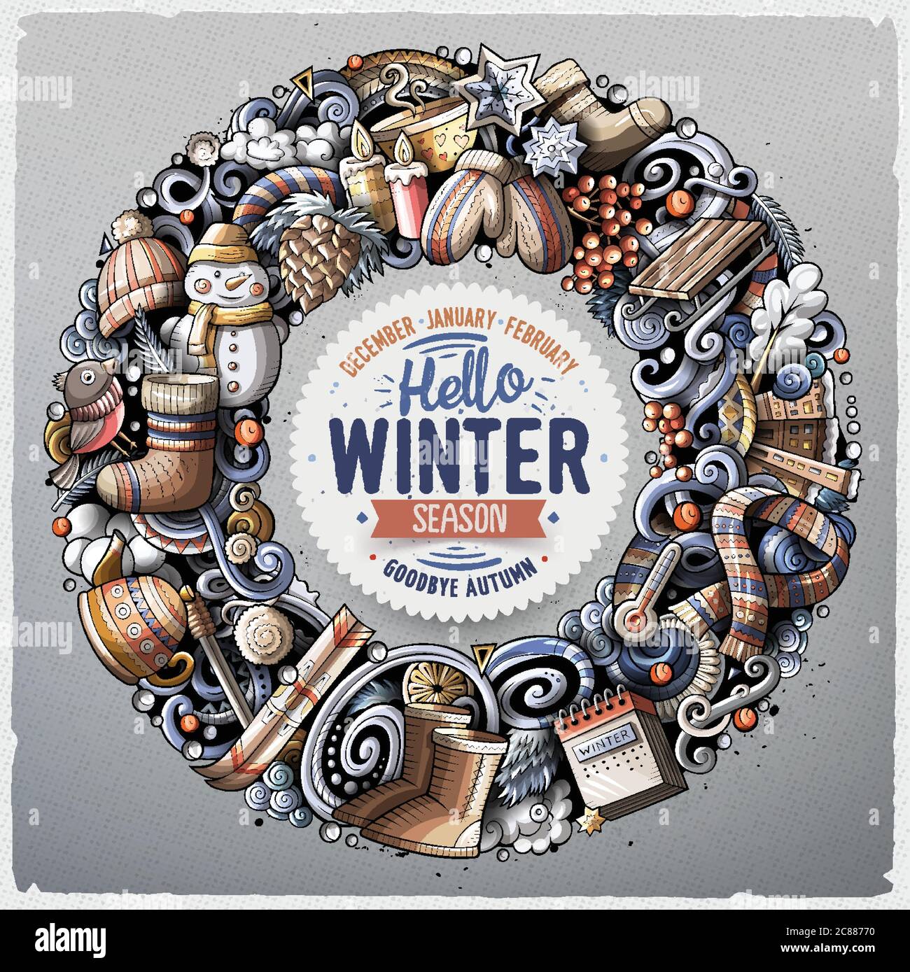 Cartoon vector doodles Winter round frame design Stock Vector Image ...