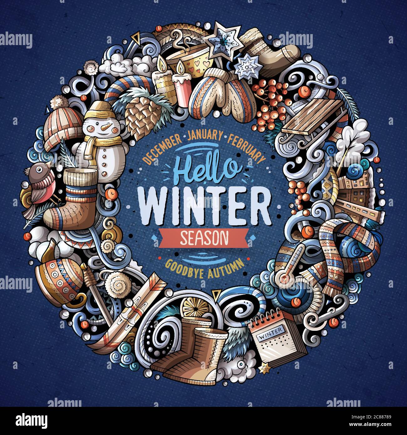Cartoon vector doodles Winter round frame design Stock Vector Image ...