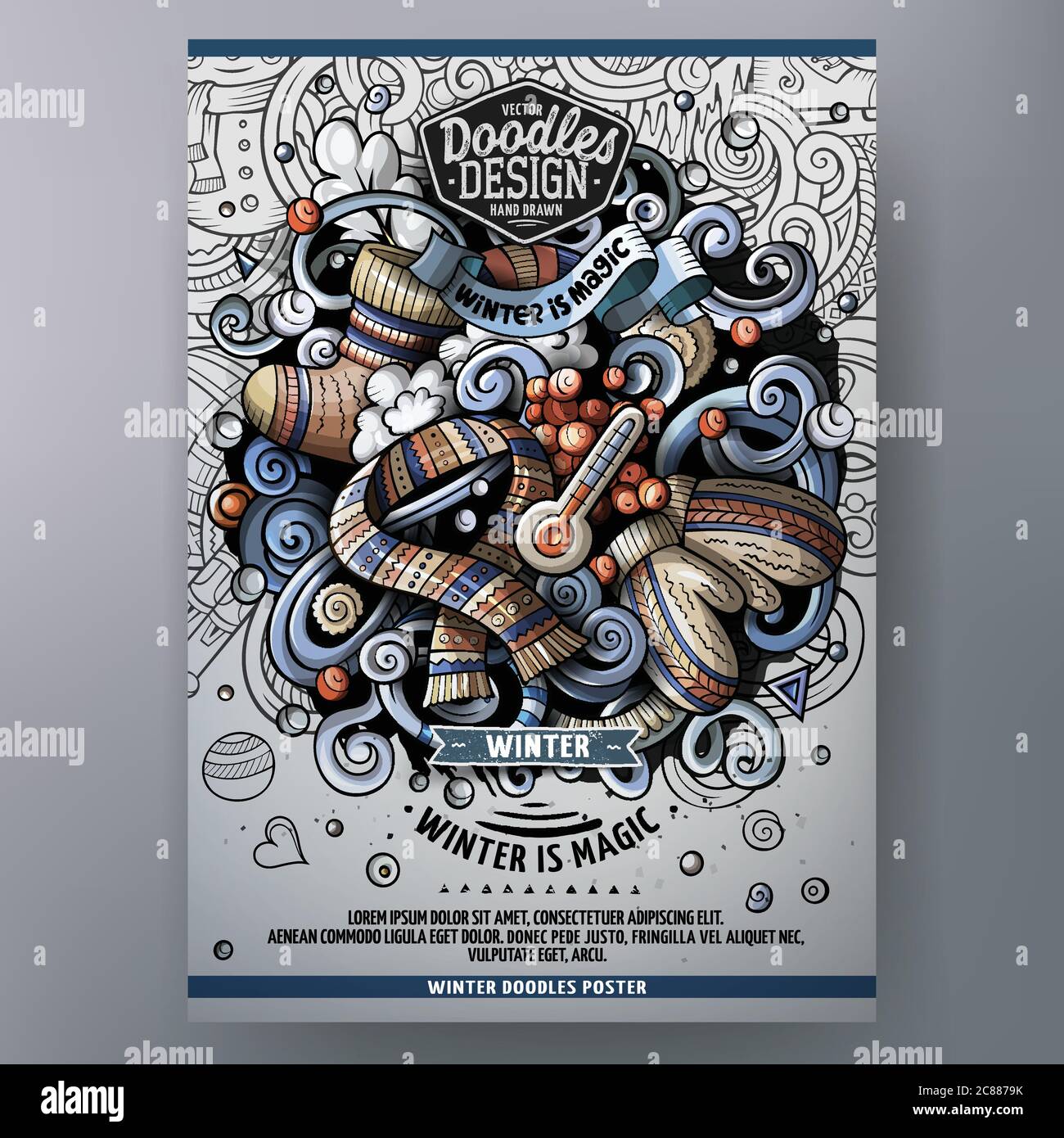 Cartoon hand drawn doodles Winter poster design template Stock Vector ...