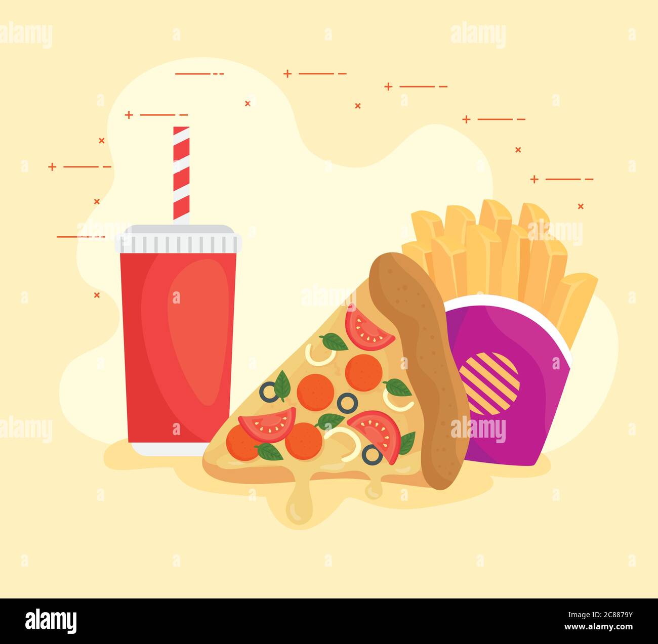 fast food, lunch or meal, pizza with french fries and bottle beverage ...