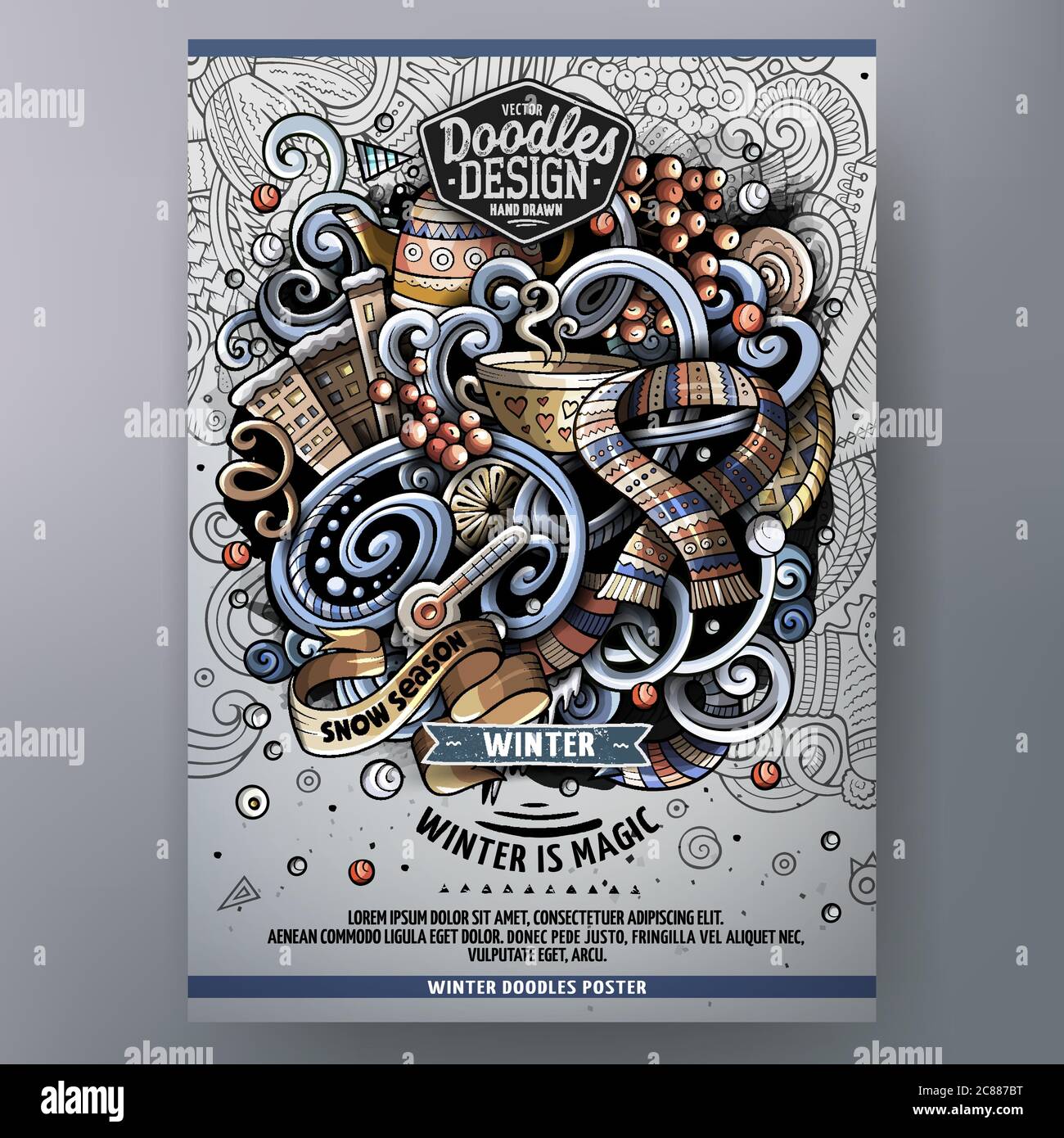 Cartoon hand drawn doodles Winter poster design template Stock Vector ...