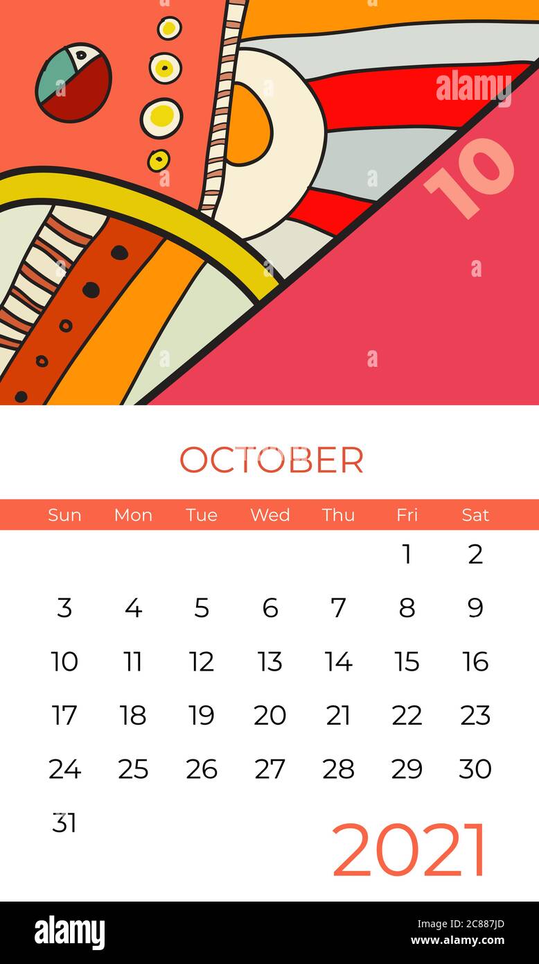 2021 October calendar abstract contemporary art vector. Desk, screen ...