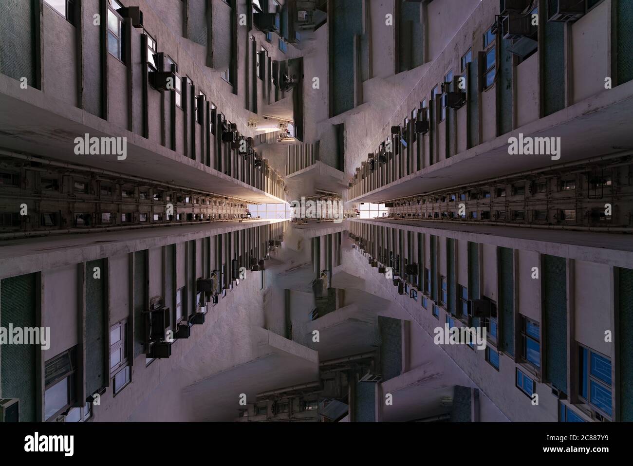 The abstract collage urban view of apartment building in Hong Kong ...
