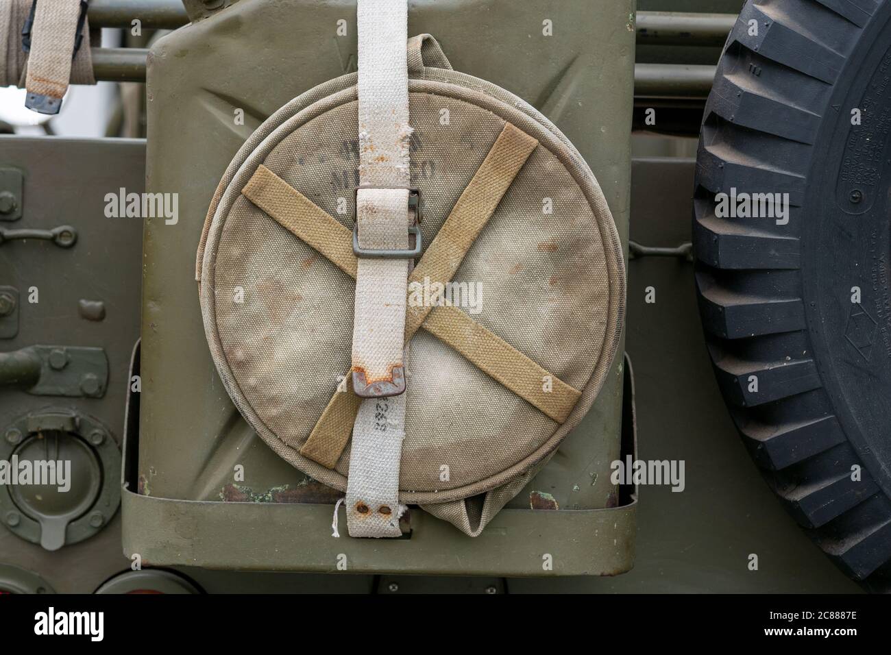 a gasoline jerrycan on a vintage military vehicle Stock Photo - Alamy