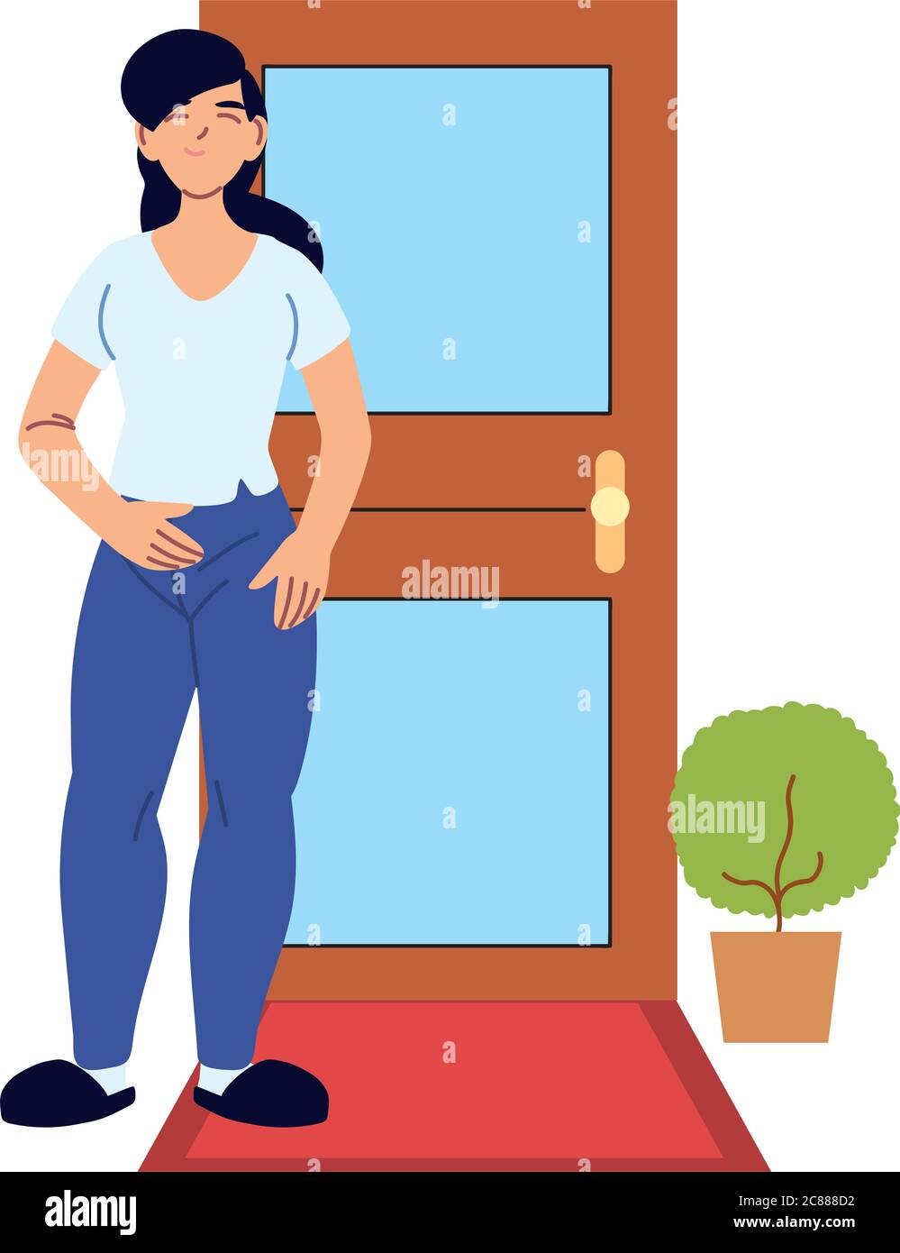 latin woman cartoon in front of door design, Girl female person people ...