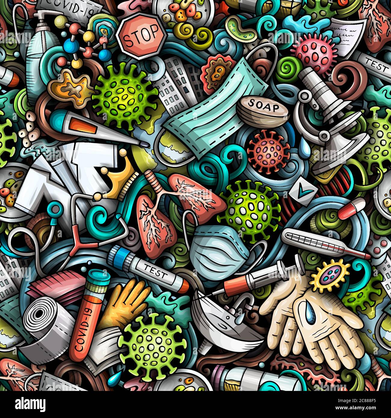 Cartoon cute doodles hand drawn Epidemic seamless pattern Stock Vector ...