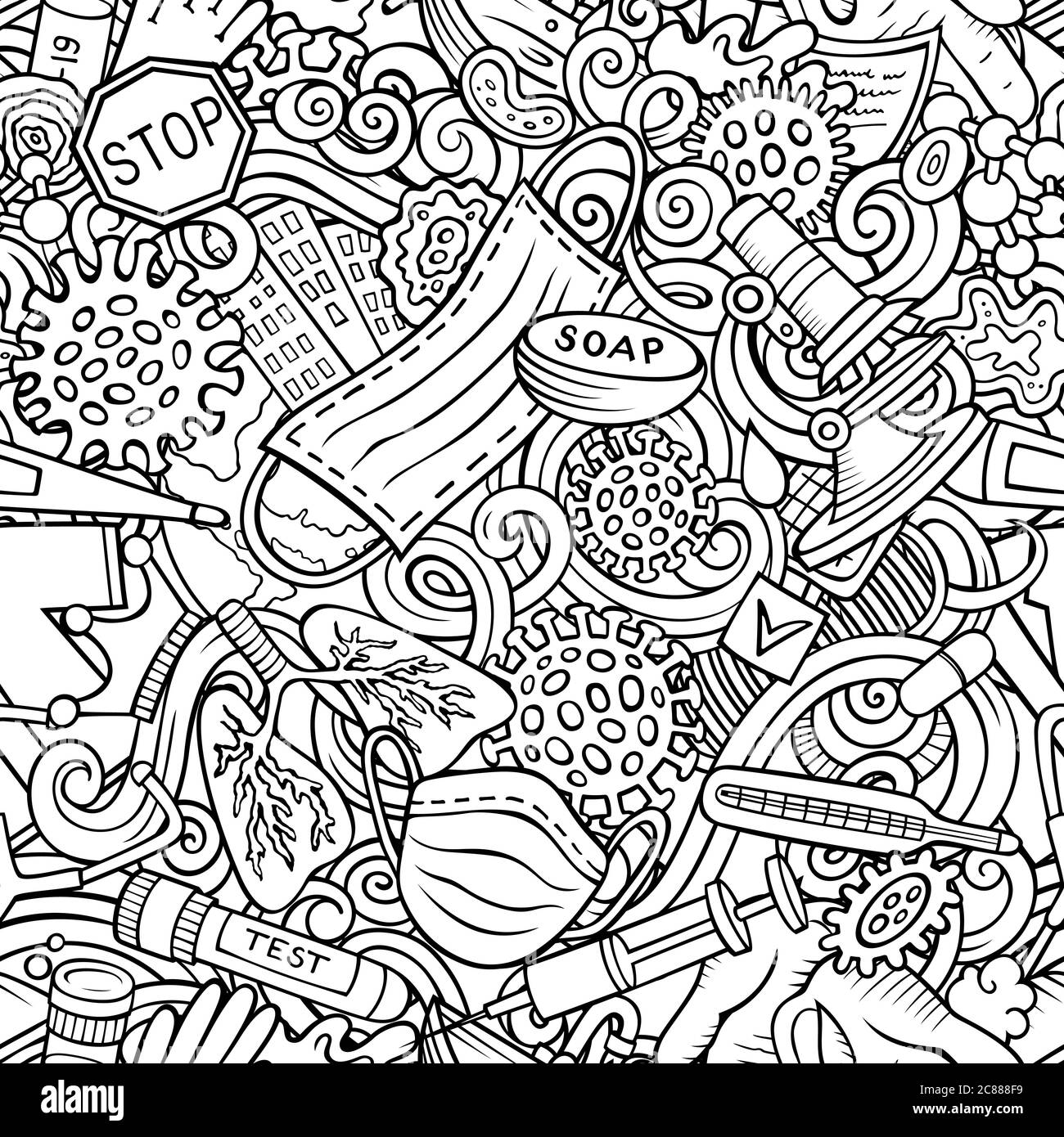 Cartoon cute doodles hand drawn Epidemic seamless pattern Stock Vector ...