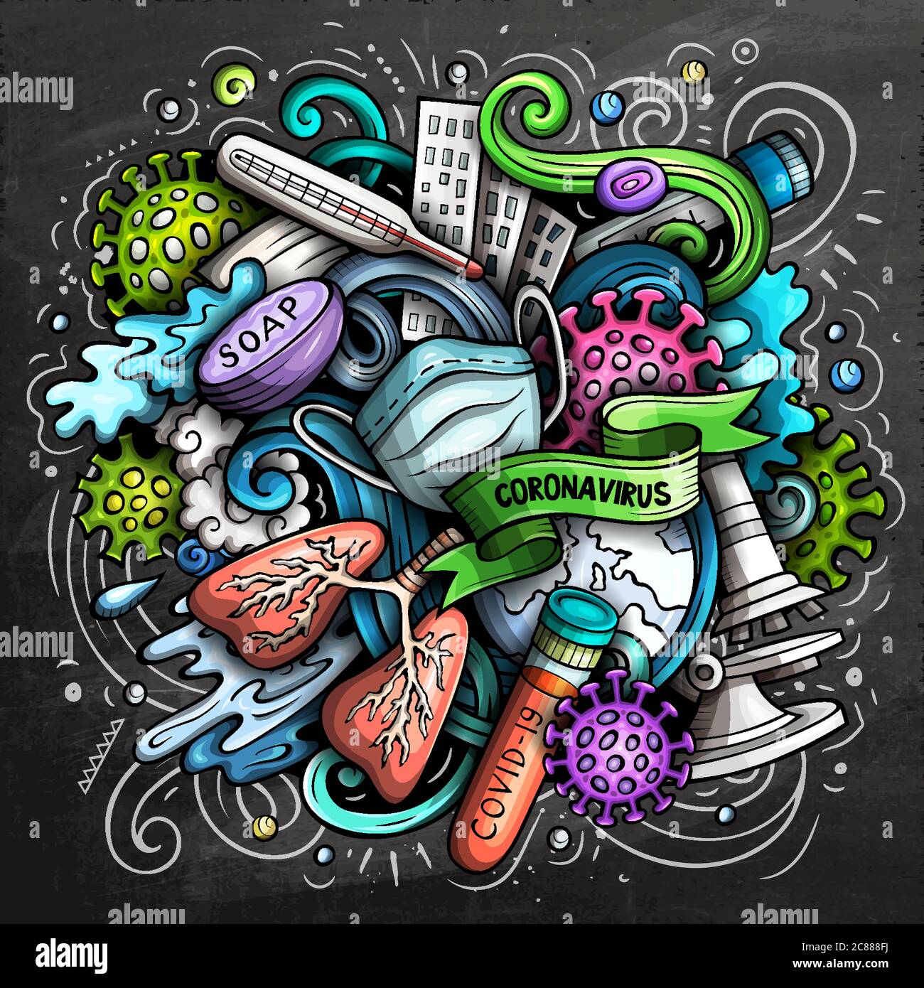 Cartoon vector doodles Coronavirus illustration. Bright colors epidemic ...