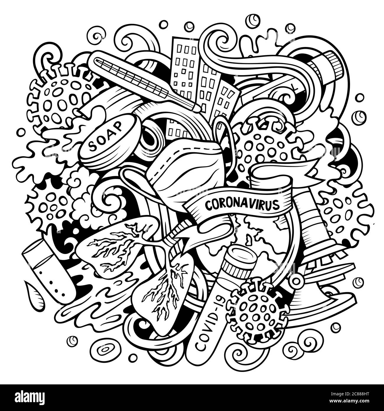 Cartoon vector doodles Coronavirus illustration. Line art epidemic ...