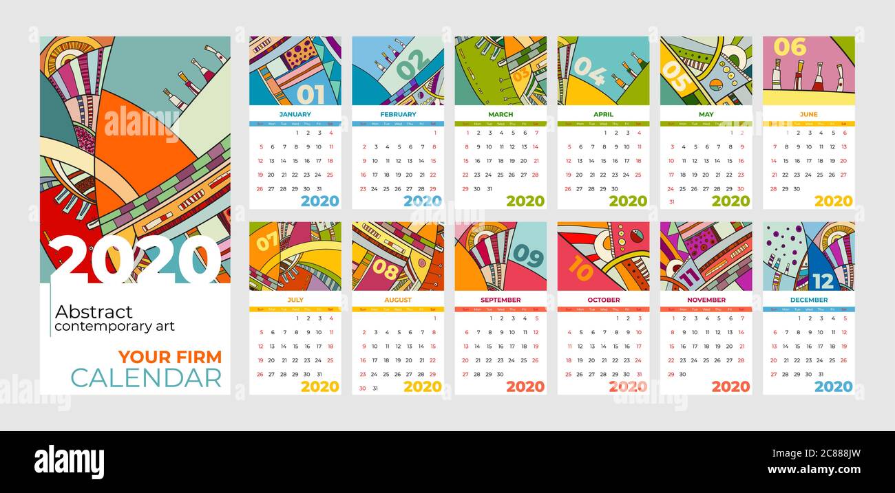 2020 calendar abstract contemporary art vector set. Desk, screen ...
