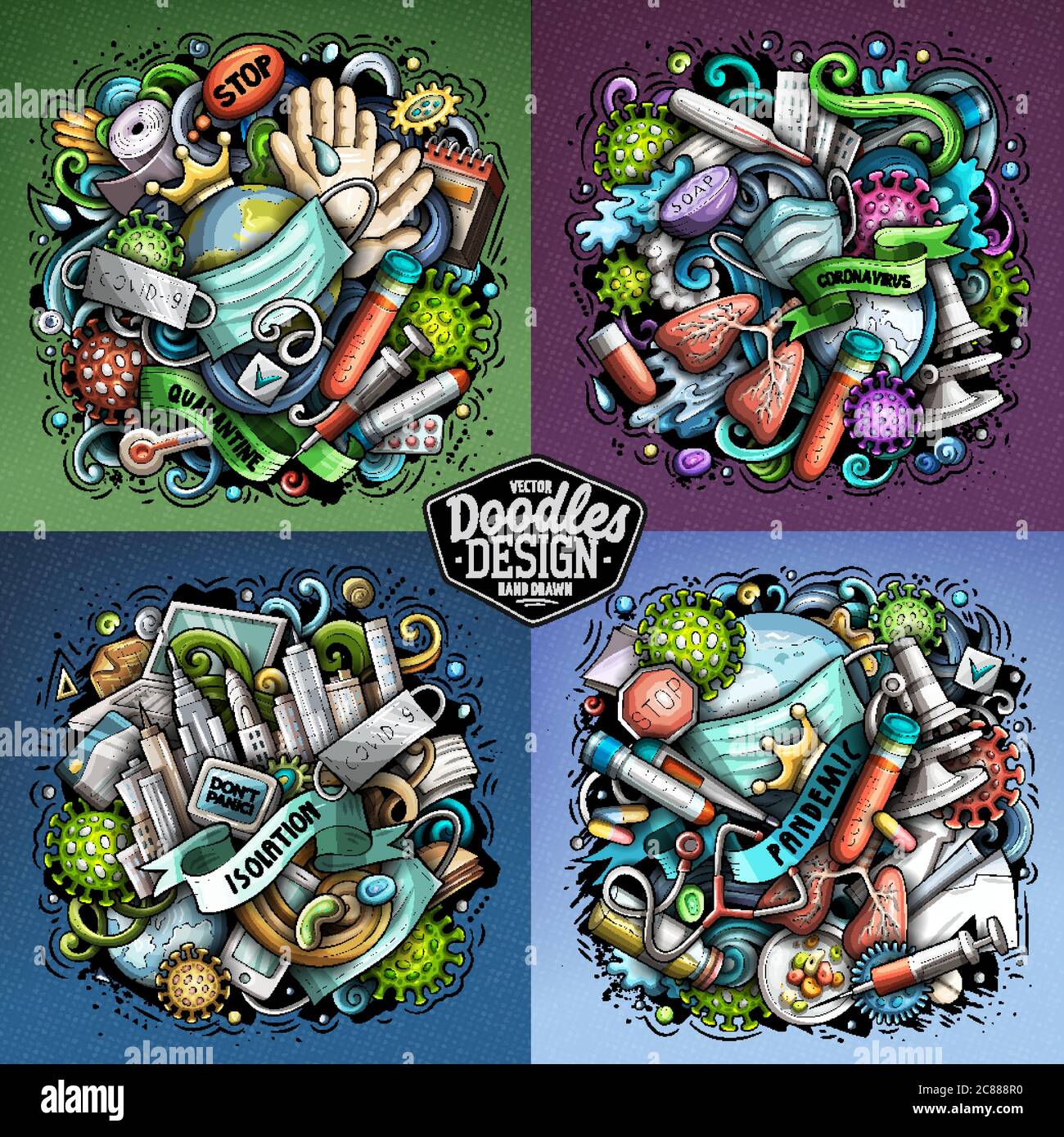Epidemic cartoon vector doodle illustration. 4 composition set Stock ...