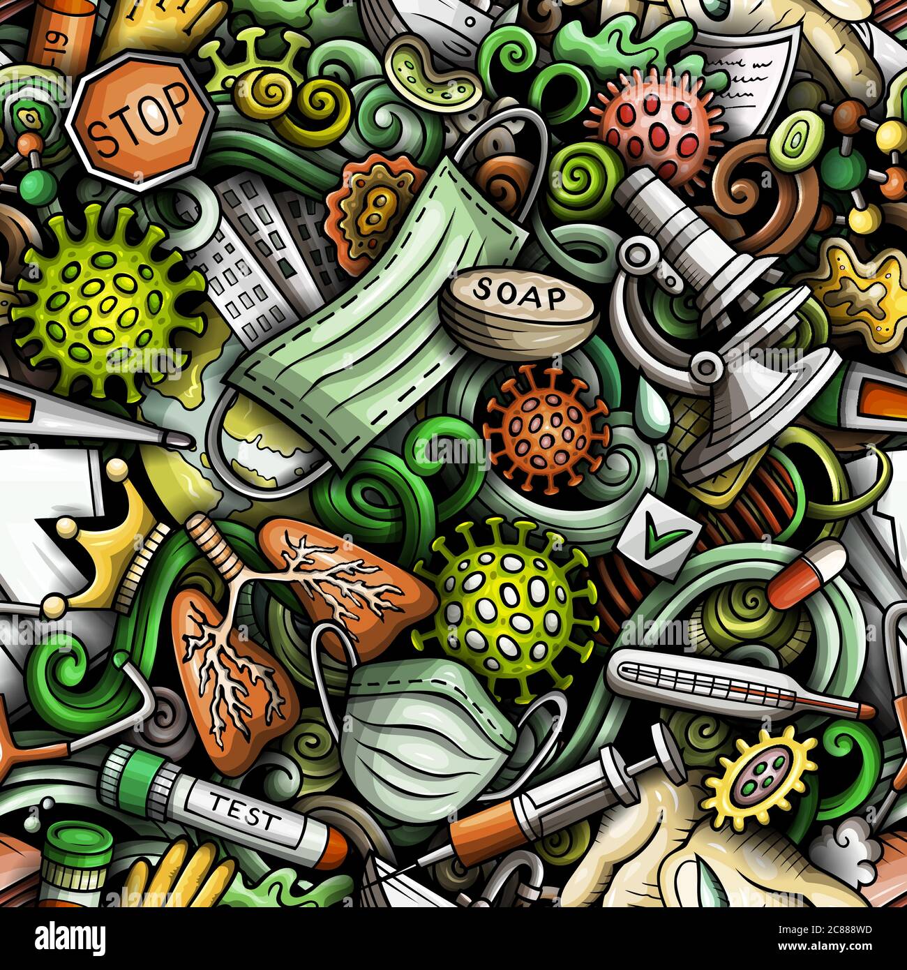 Cartoon cute doodles hand drawn Epidemic seamless pattern Stock Vector ...