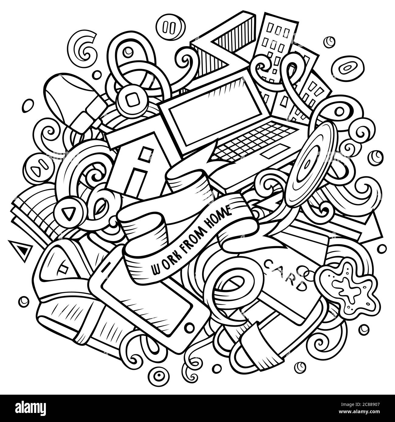 Cartoon vector doodles Work from Home illustration. Sketchy picture ...