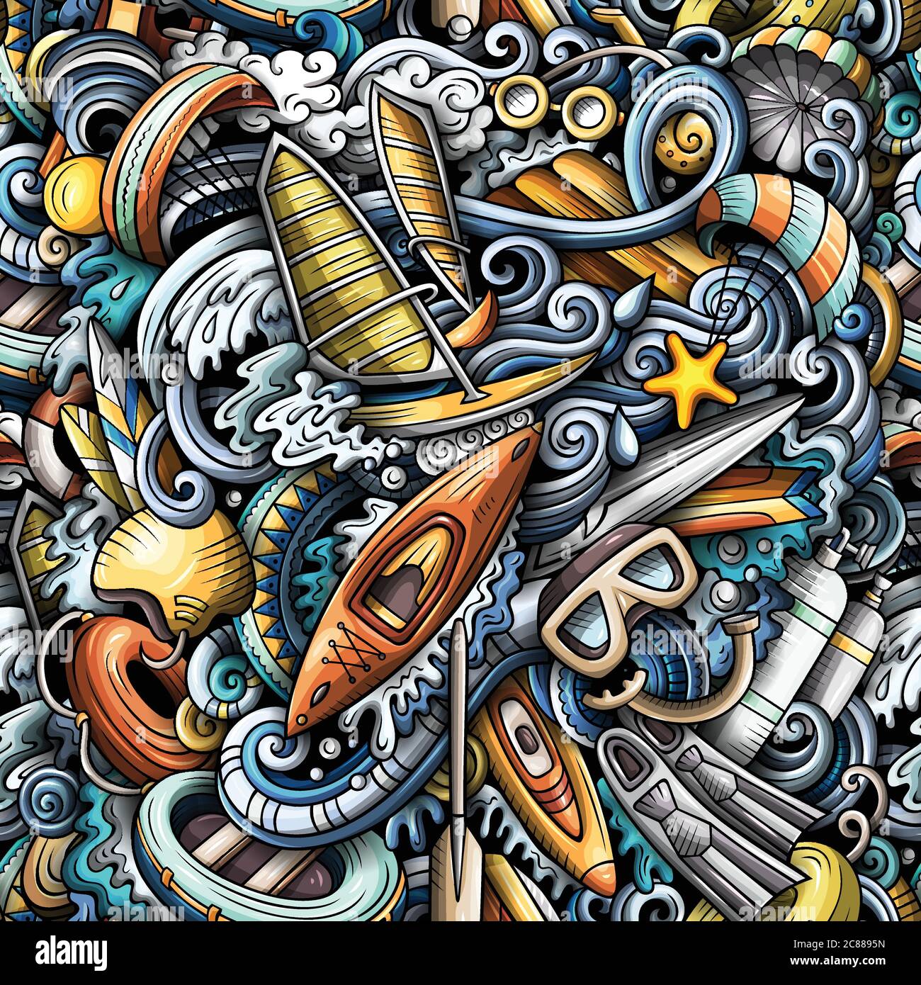 Cartoon cute doodles hand drawn water extreme sports seamless pattern ...