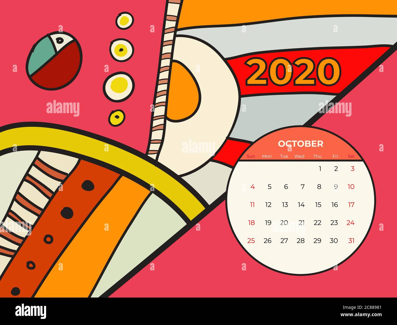2020 October calendar abstract contemporary art vector. Desk, screen ...