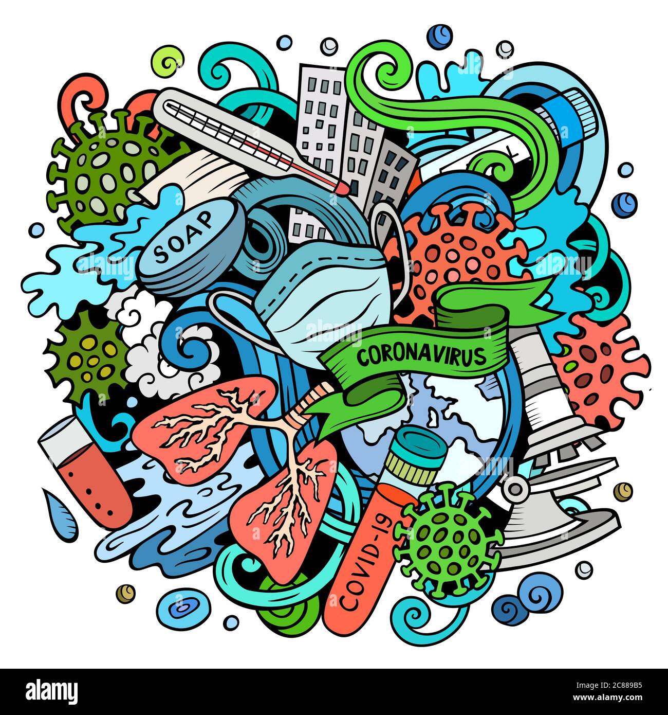 Cartoon vector doodles Coronavirus illustration. Bright colors epidemic ...