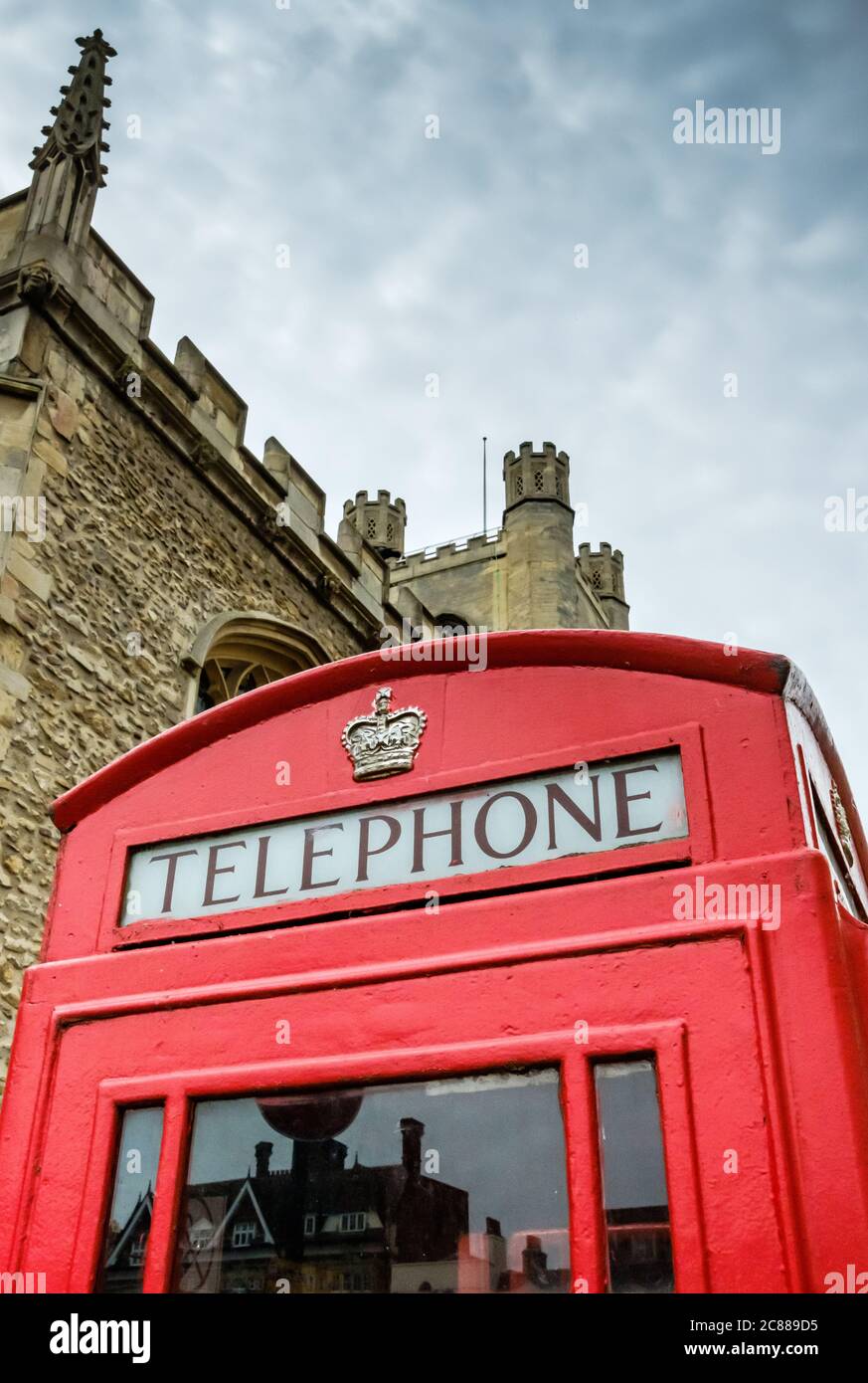 Close-up view of the roof of an old-styled British red telephone box ...