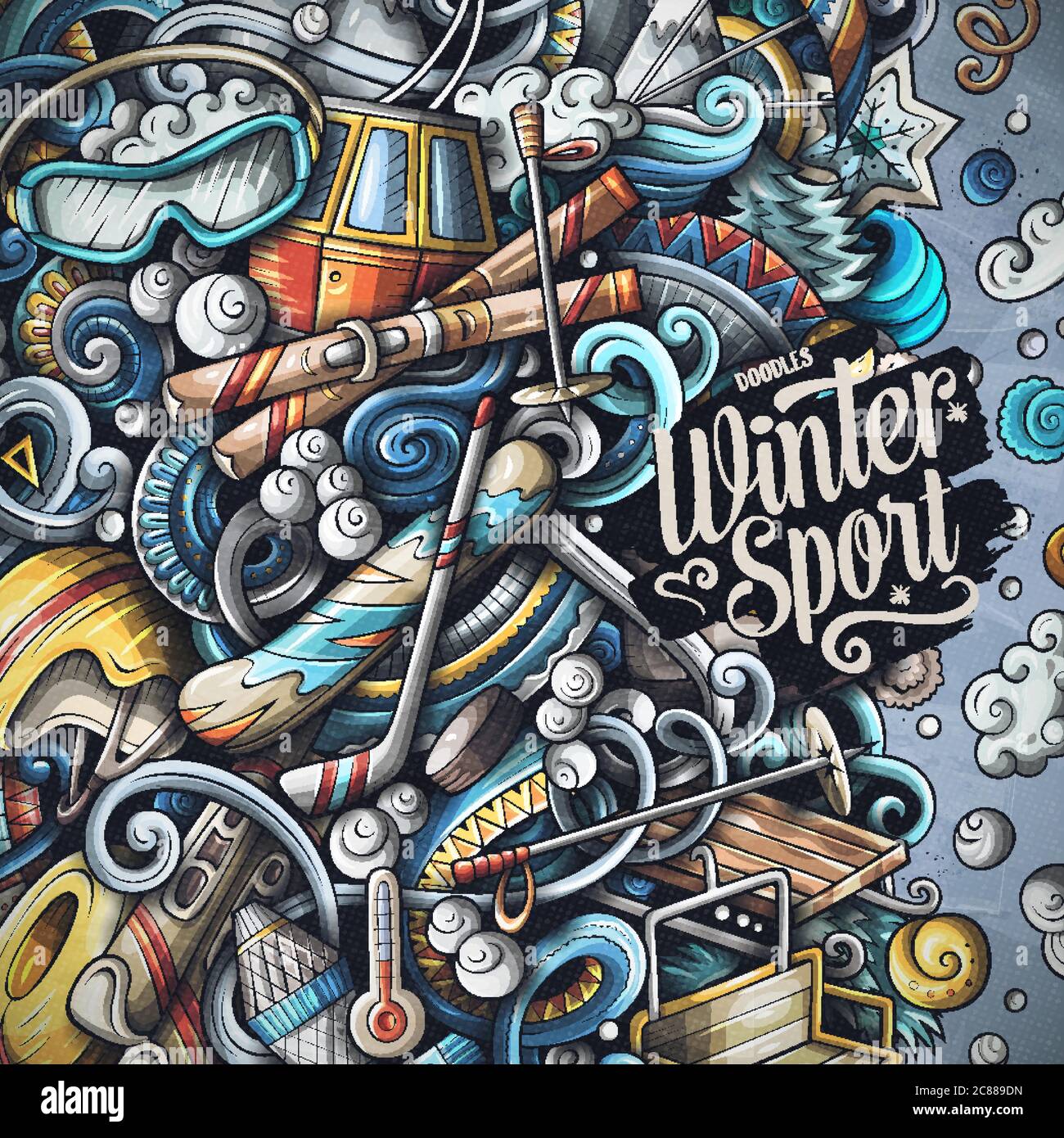 Winter sports hand drawn vector doodles illustration. Ski resort card ...