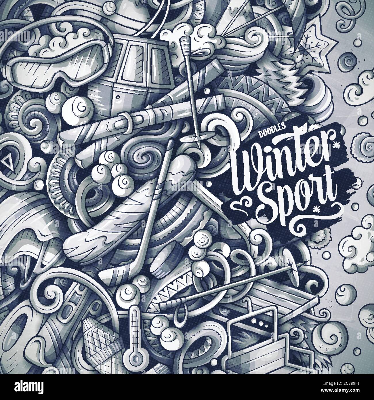 Winter sports hand drawn vector doodles illustration. Ski resort card ...