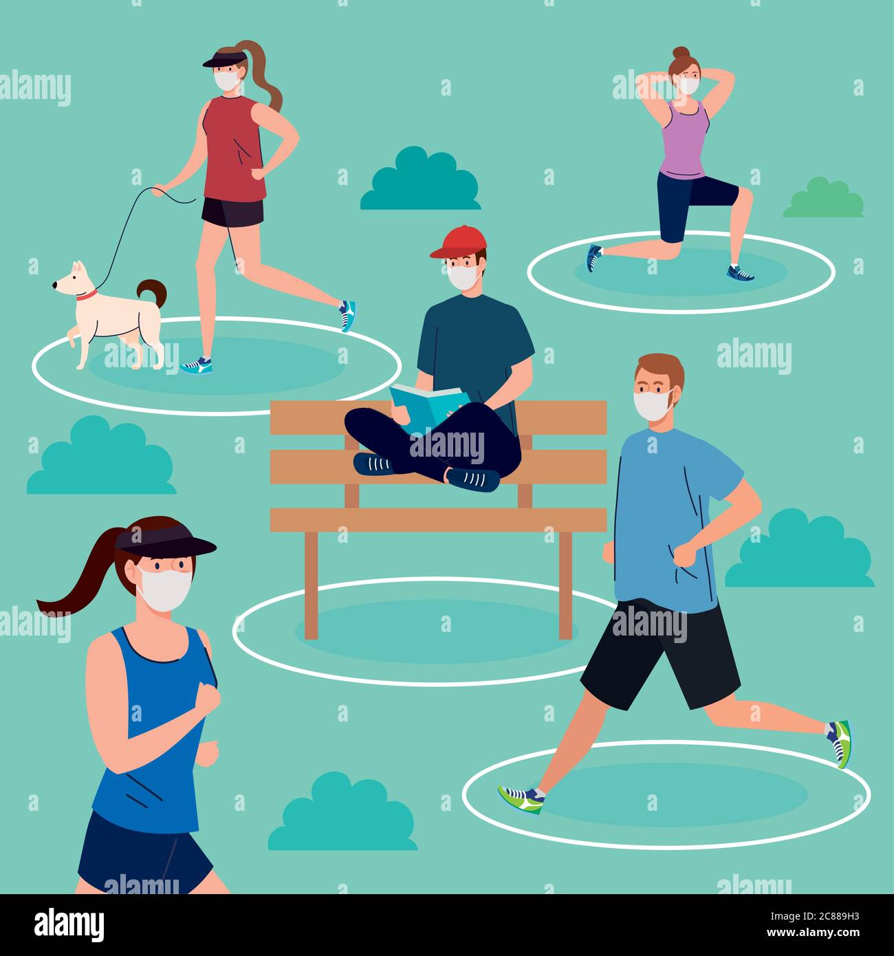 social distancing, young people wearing medical mask, practicing sport ...