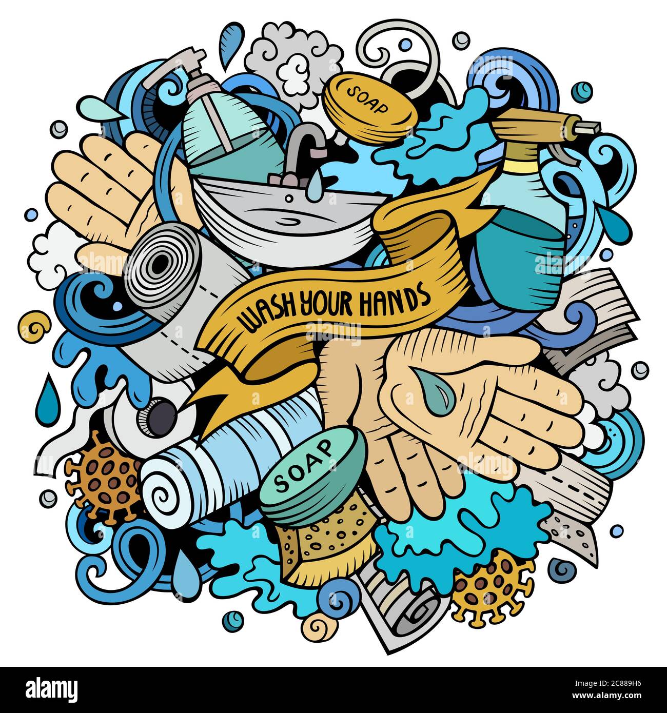 Cartoon vector doodles Wash Your Hands illustration. Bright colors ...