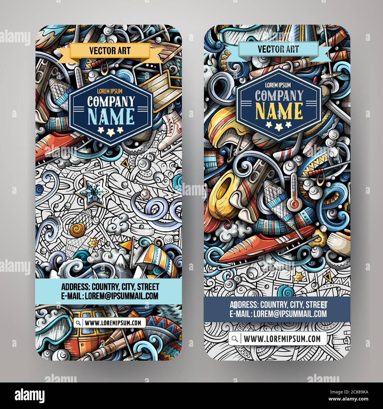 Winter sport hand drawn doodle banners set. Cartoon detailed flyers ...