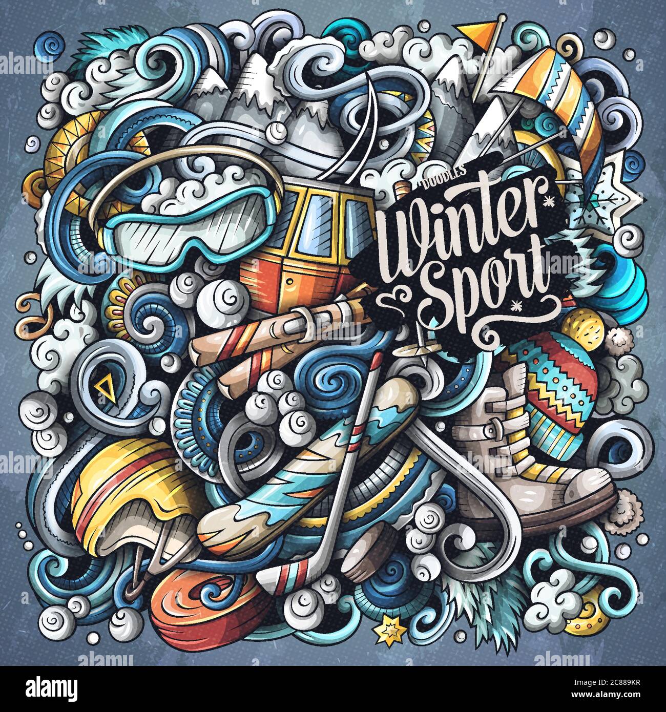 Winter Sports vector doodles illustration. Ski resort poster design ...