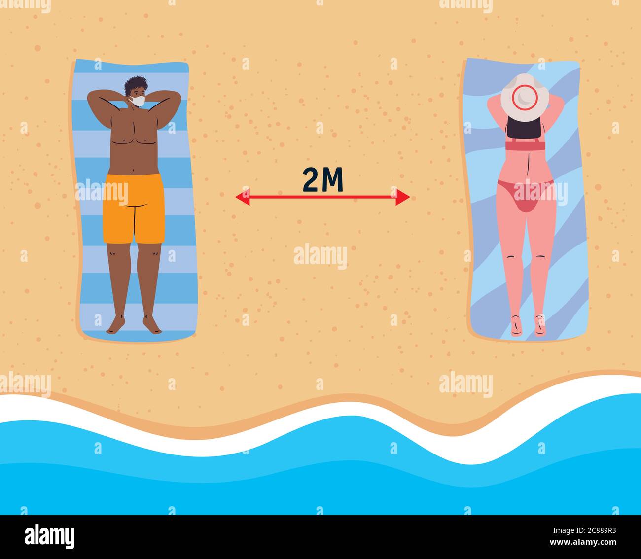 social distancing on the beach, couple wearing medical mask lying down ...