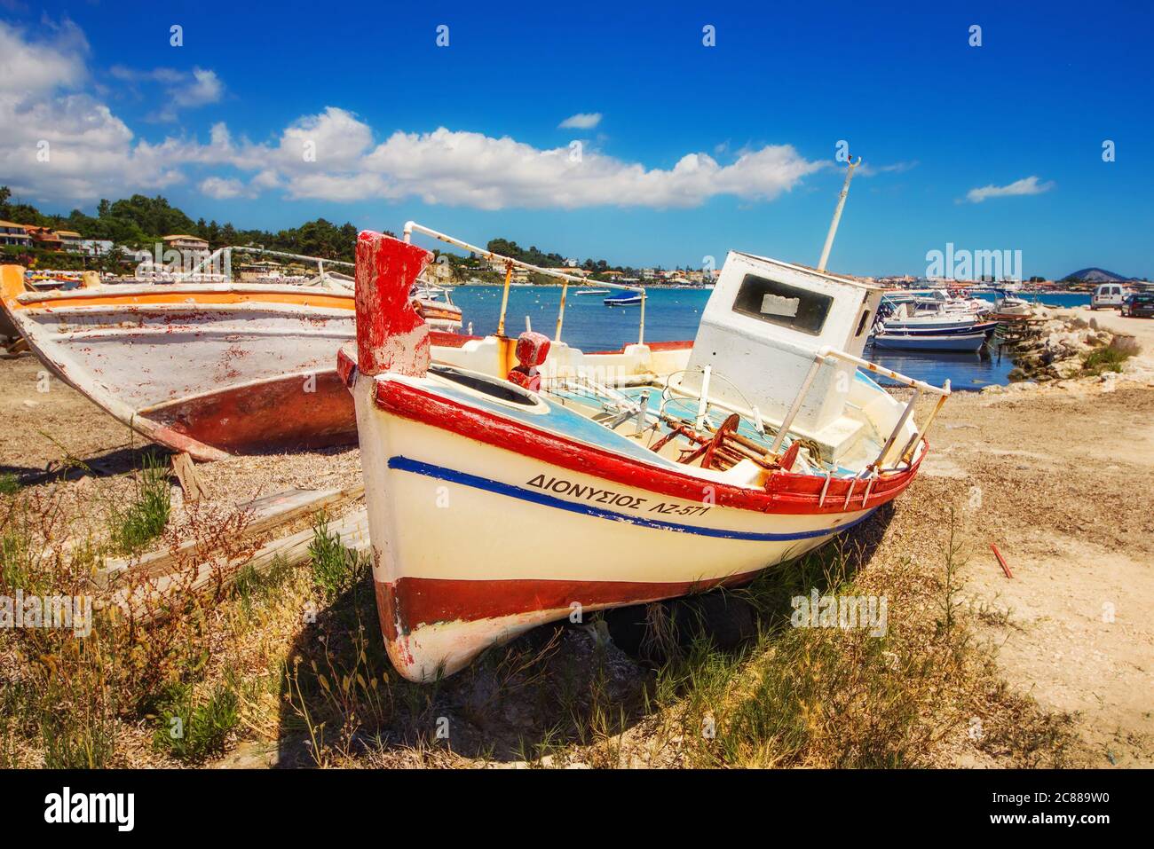 Boat in Laganas harbor on Zakynthos island, Greece Stock Photo - Alamy