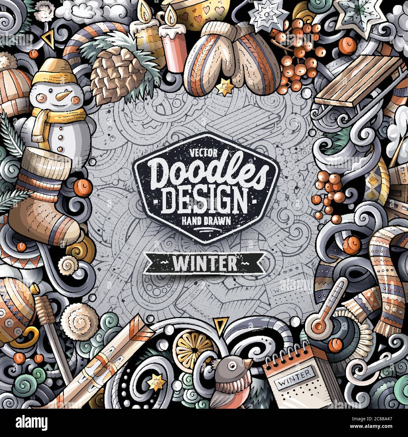 Cartoon vector doodles Winter square frame design Stock Vector Image ...