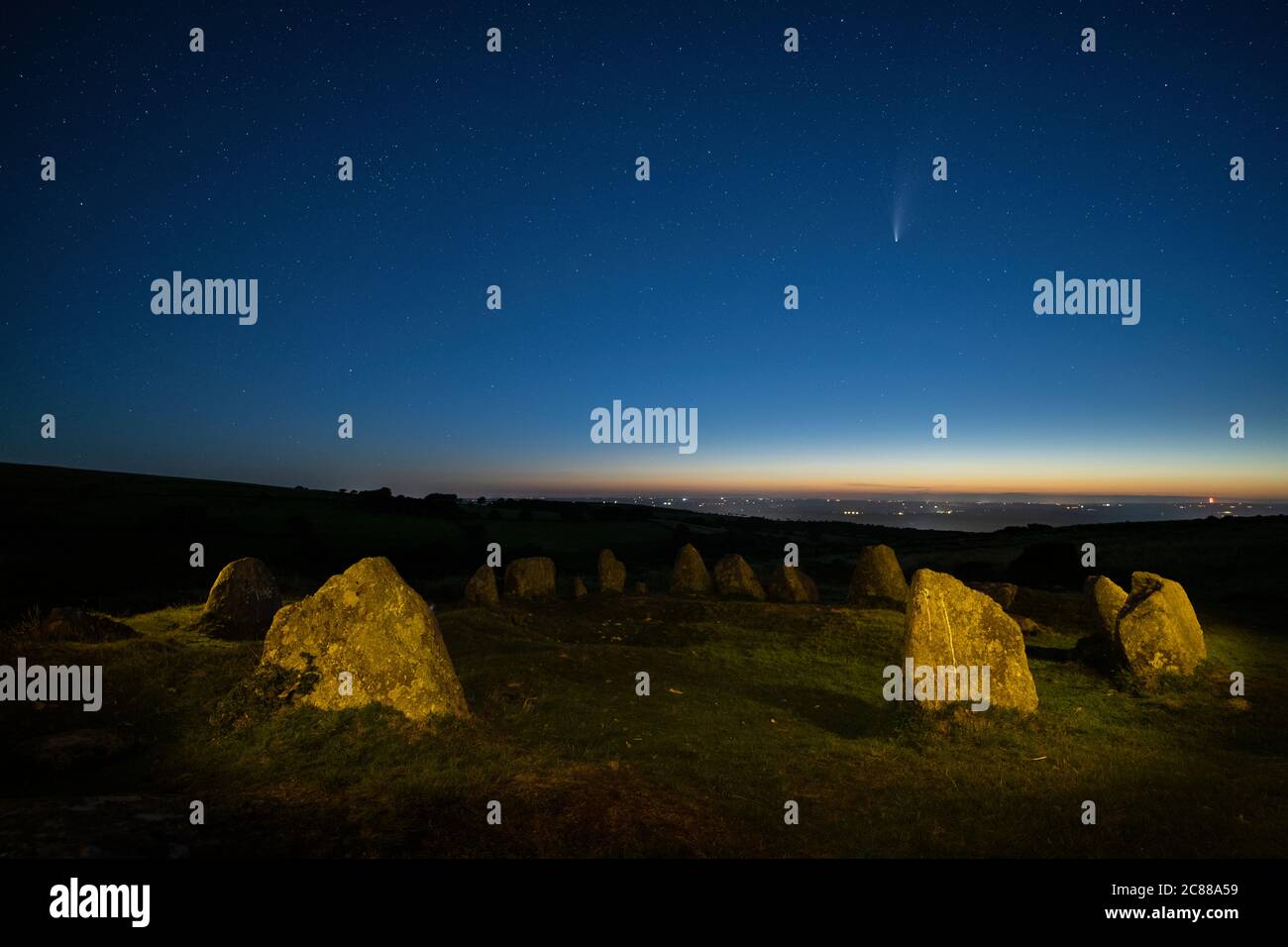 Comet Neowise above the ancient "Nine Maidens" stone circle near ...