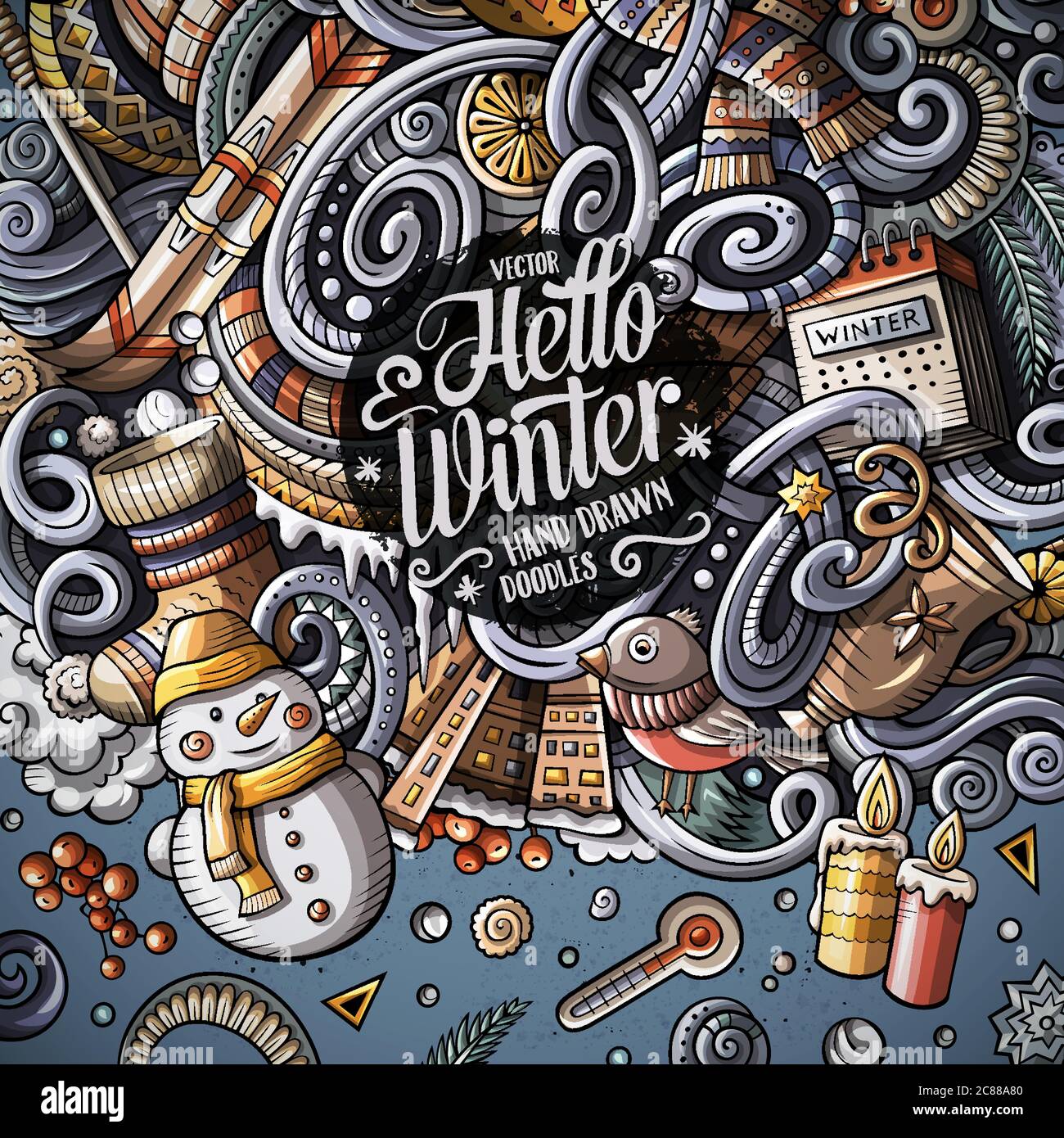 Cartoon cute doodles Winter season frame design Stock Vector Image ...