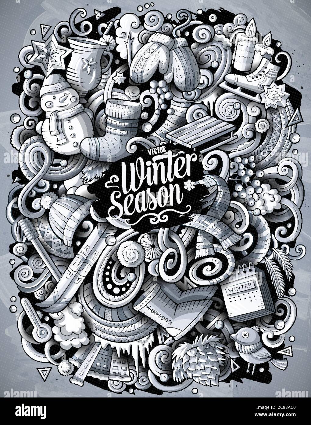 Cartoon vector doodles Winter illustration. Toned cold season funny ...
