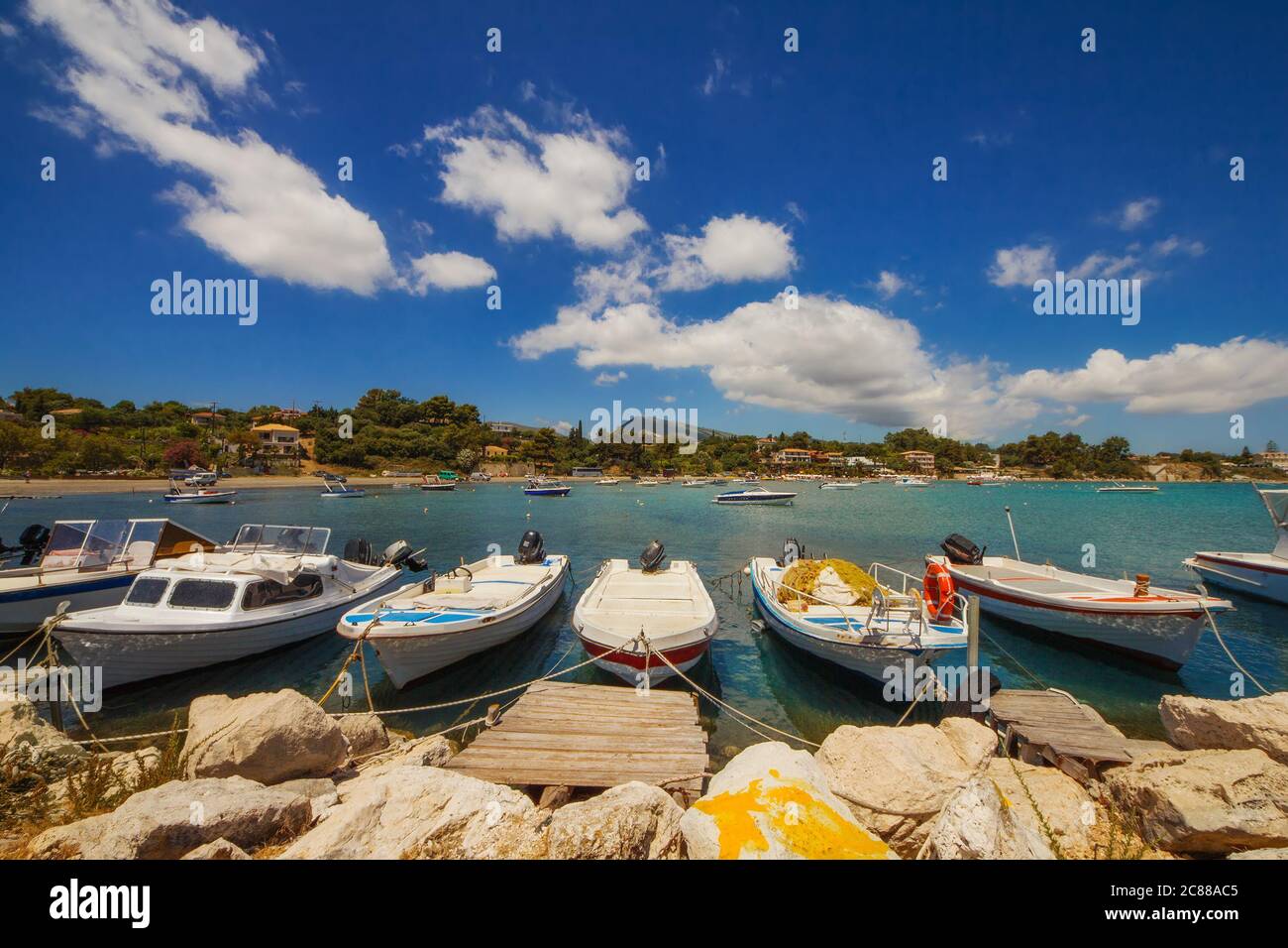 Boats in Laganas harbor on Zakynthos island, Greece Stock Photo - Alamy