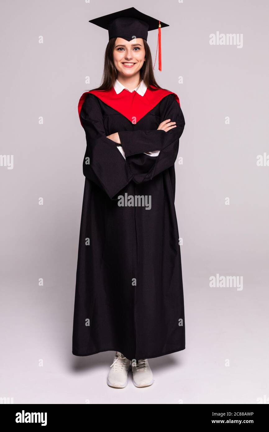 Educational theme: graduating student girl in an academic gown ...