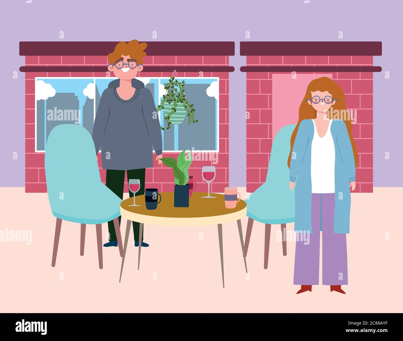 social distancing restaurant or a cafe, man and woman keep distance ...