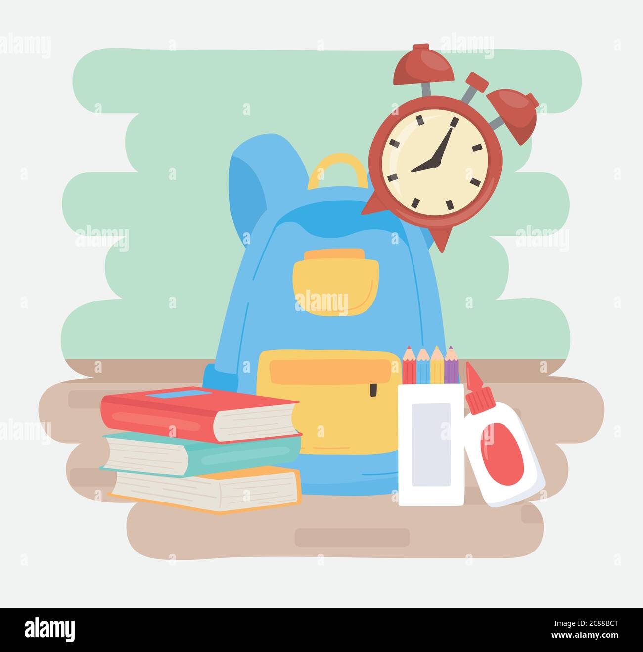 back to school, backpack books glue clock and color pencils education ...
