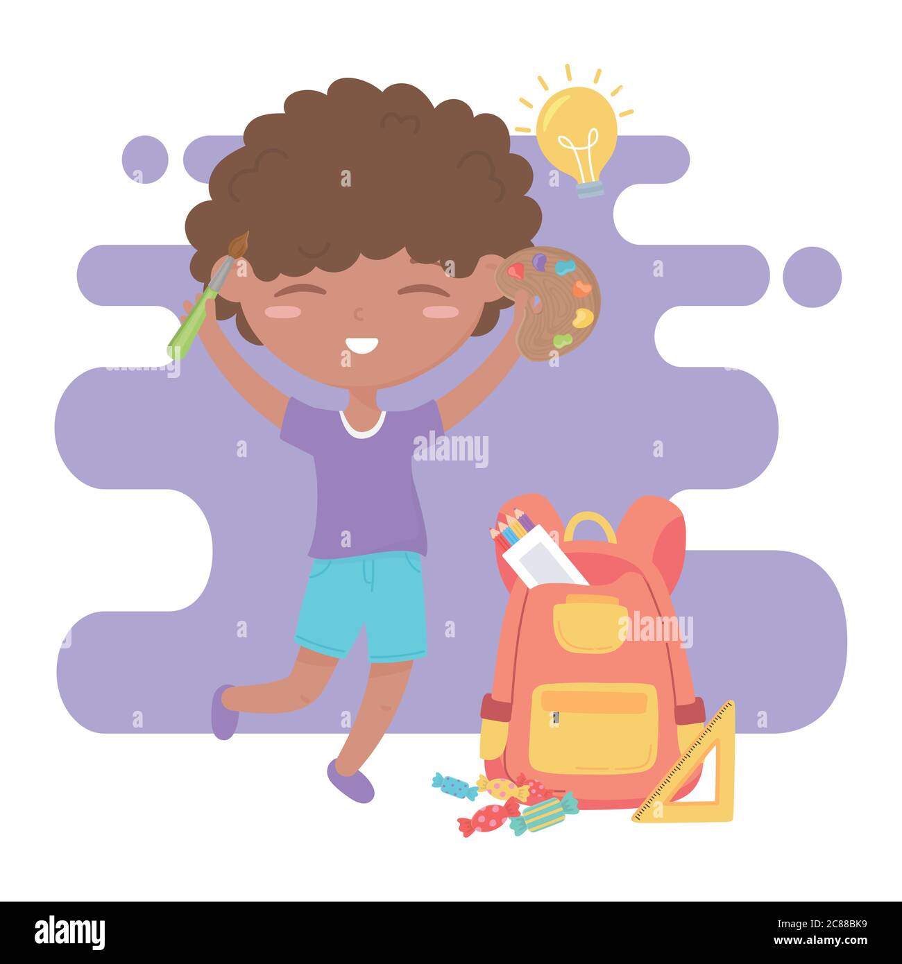 back to school, student boy backpack ruler pencils and color palette ...