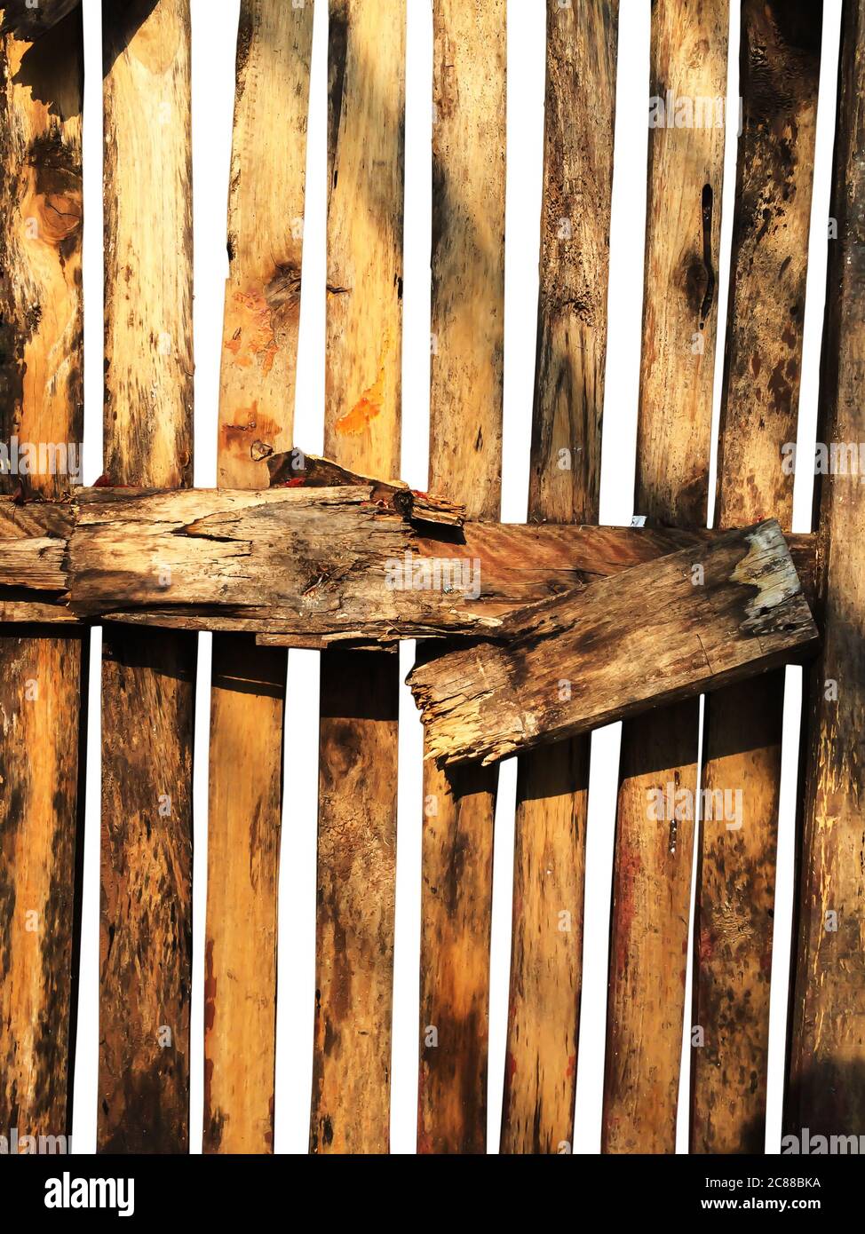 Abandoned broken wooden fence isolated on white background with ...