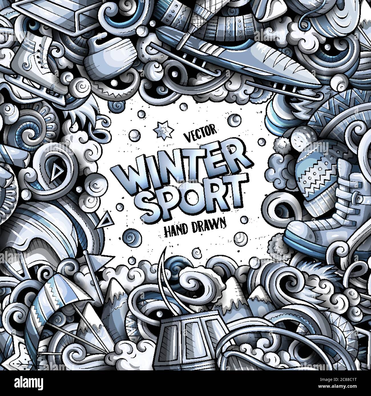 Winter sports hand drawn vector doodles illustration. Ski resort card ...