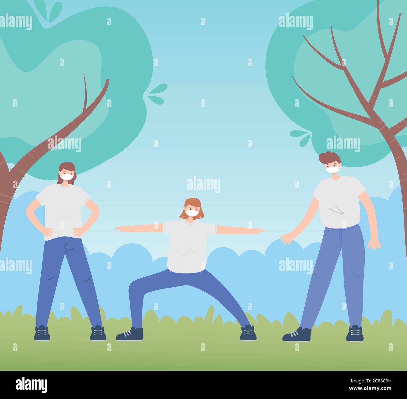 people with medical face mask, group man and women practicing exercises ...