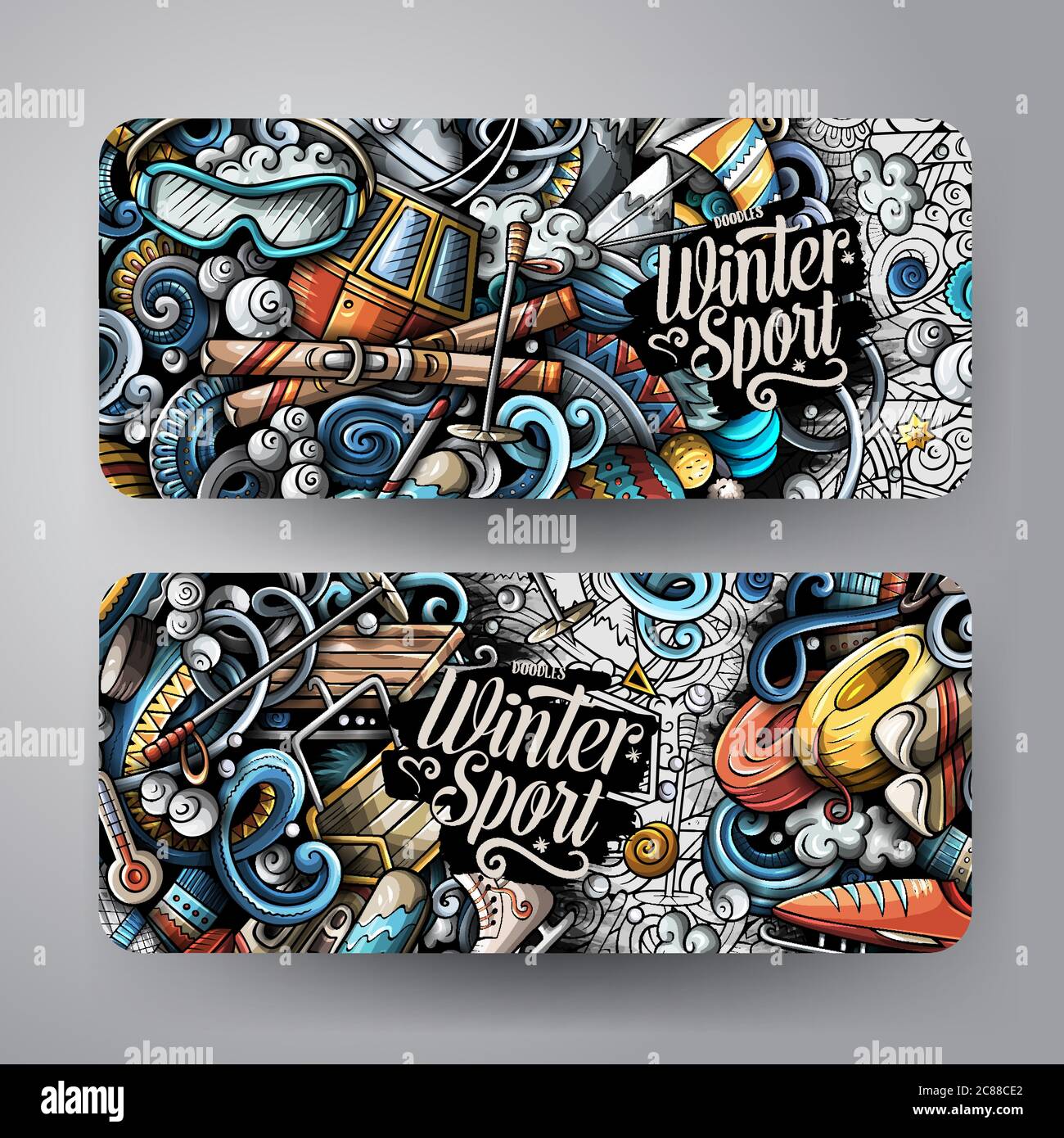 Winter sport hand drawn doodle banners set. Cartoon detailed flyers ...