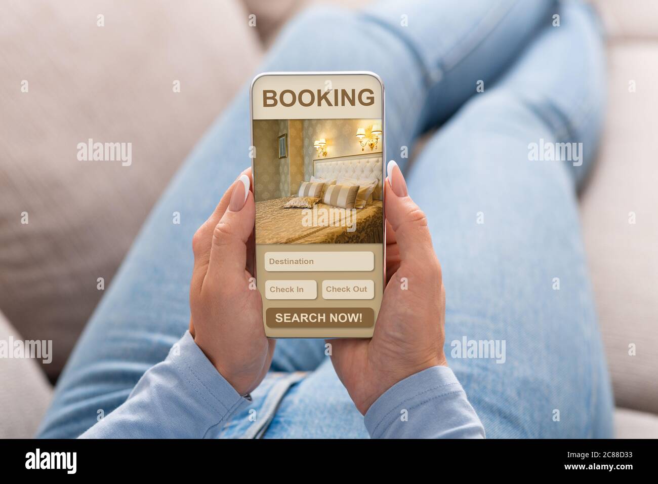 Girl getting ready for journey, choosing hotel on mobile app Stock ...