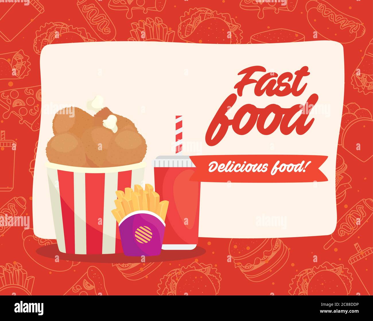 fast food poster, chicken with french fries and bottle beverage Stock ...